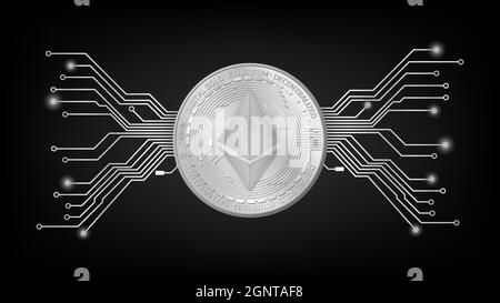 Black ethereum logo on dark purple background and blue light rays ...