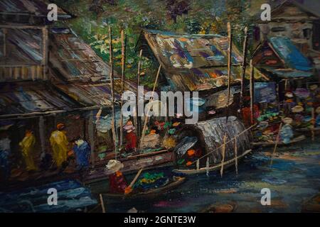 art painting oil color floating market dumnoen saduak thailand Stock ...