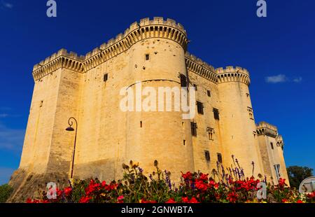 The towers and massive walls of Tarascon Castle with the moat around it ...