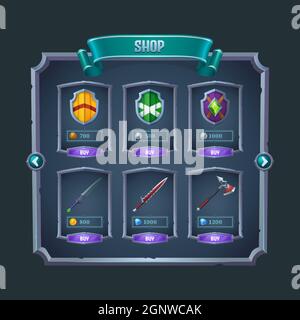 Rpg game shop menu panel with medieval weapon, swords, axe and shields in metal frames. Cartoon ...