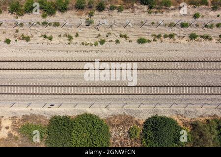 Double railroad tracks, Aerial image Stock Photo - Alamy