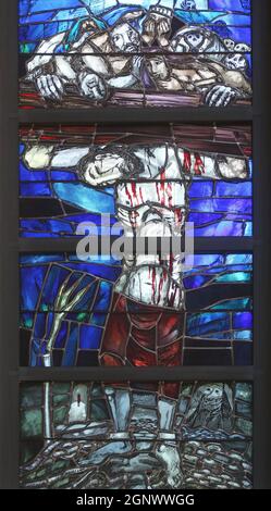 Resurrection, God gives people new life, detail of stained glass window ...