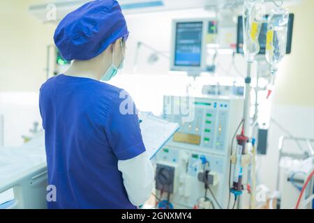 The specialist are checking continuous renal replacement therapy ...