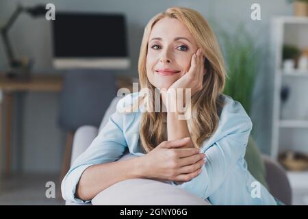 Photo of sweet charming lady wear red sweater looking empty space ...