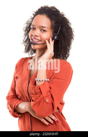 A friendly telephone operator smiling isolated over a white background ...