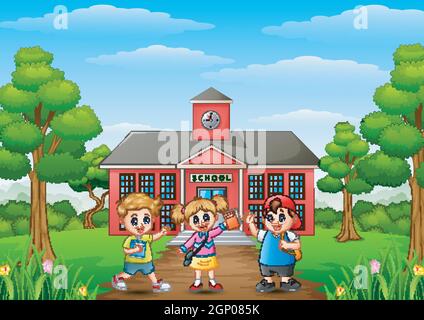 Happy school children in front of building school Stock Vector Image ...