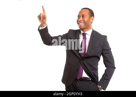 African business man pressing key, isolated over white Stock Photo - Alamy
