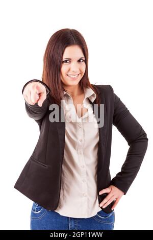Business woman, pointing forward - isolated over white Stock Photo - Alamy