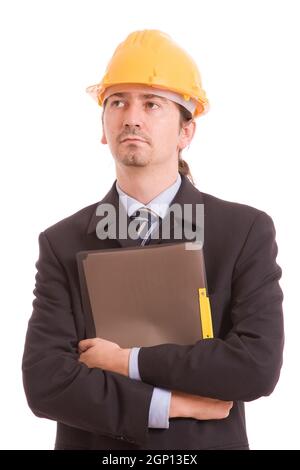 Engineer posing isolated over white background Stock Photo - Alamy