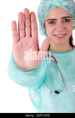 Young nurse making stop sign Stock Photo - Alamy