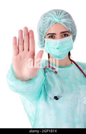 Young nurse making stop sign Stock Photo - Alamy