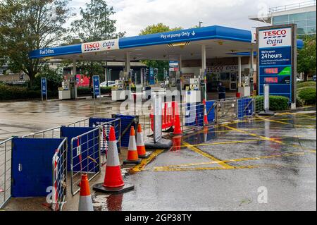 Empty fuel pumps at Tesco's fuel garage at Chineham near Basingstoke in ...