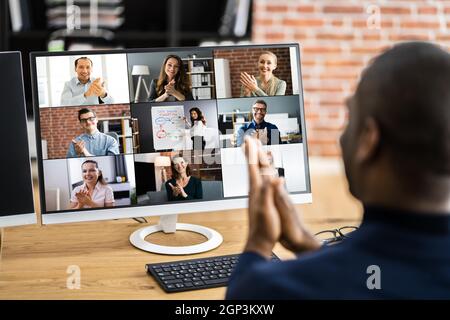 African Clapping In Virtual Video Conference Call On Computer Stock ...