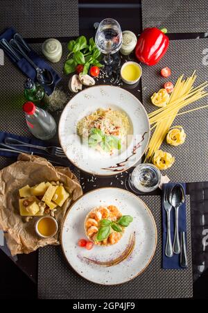 Seafood: large boiled prawns with sauce. Baked mussels with lemon and ...