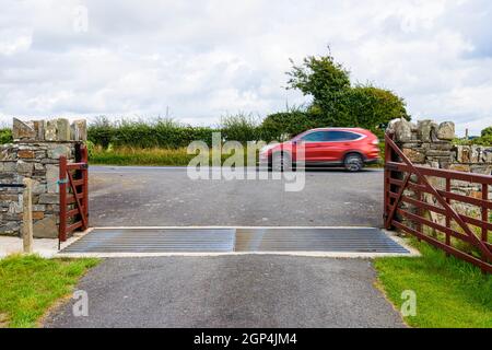 Car speeds past a laneway entrance with wooden gates and a cattle grid ...