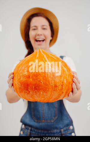 A big ripe orange pumpkin in a bed Stock Photo - Alamy