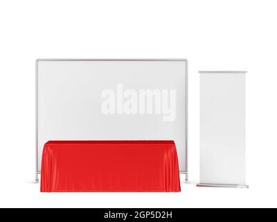 Blank tradeshow tablecloth with banners aside. 3d illustration isolated ...