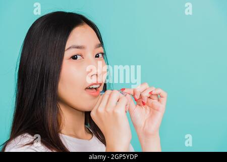 woman smiling wear putting silicone orthodontic retainers Stock Photo ...