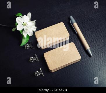 Blank business cards, clips and pen on color background Stock Photo - Alamy