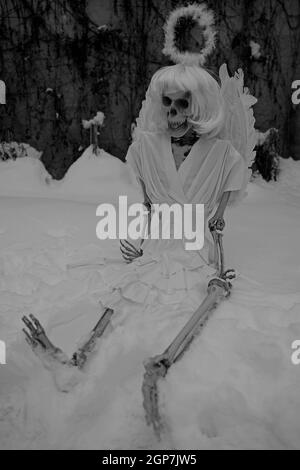 Last angel skeleton of an angel in white snow Stock Photo - Alamy