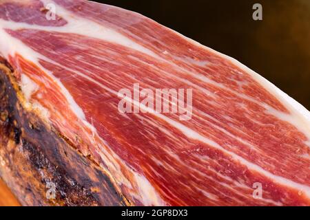 Macro close up of cured Spanish Iberian Bellota pork ham Stock Photo ...