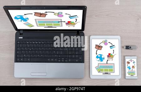 E-shopping concept shown on different information technology devices ...