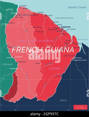 French Guiana Political Map with capital Cayenne, national borders ...