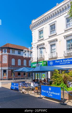 View of shops and cafes in Eastbourne town centre, Eastbourne, East ...