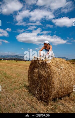 A golden field with haystacks on mountain peak with a gazebo and ...
