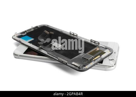 Display module and mobile phone with broken screen on white background ...
