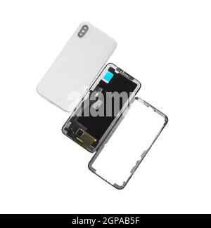 Display module and mobile phone with broken screen on white background ...
