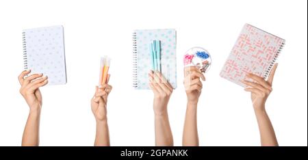 Many different hands with school supplies on white background Stock ...