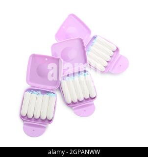 Tampons storage boxes on white background Stock Photo - Alamy