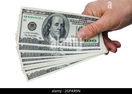 Man's hand keeps money, isolated on white background Stock Photo - Alamy
