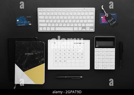 top view of calendar for November, calculator and smartphone isolated ...