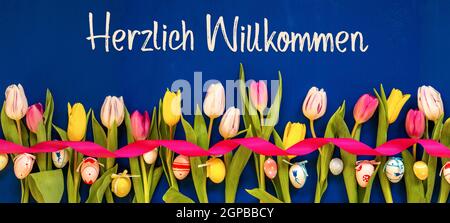 Colorful Tulip, Herzlich Willkommen Means Welcome, Ribbon, Blue ...