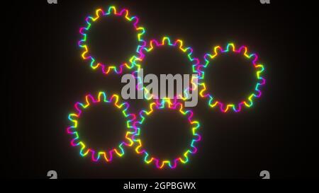 Computer generated neon gears are turning slowly on dark background. 3d ...