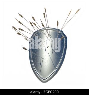metal shield with stuck arrows. isolated on white. 3d render Stock ...