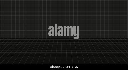 3D digital grid of ceiling, wall and floor of room space with one point ...