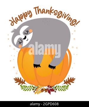 Happy Halloween - funny sloth hanging on broomstick. Sloth doodle draw ...