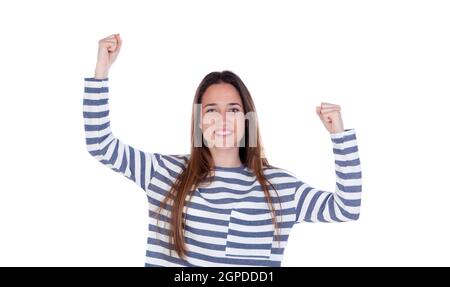 Happy teenager girl celebrating something leaving her hands isolated on ...