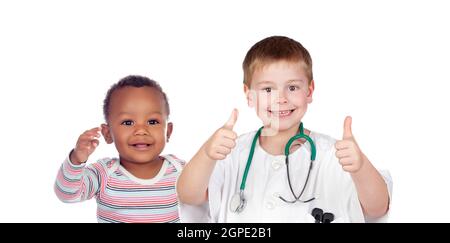 Little doctor saying Ok with a cute patient isolated on a white ...