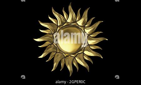 The golden sun. The rays rotate in a circle. On a black background. 3D ...