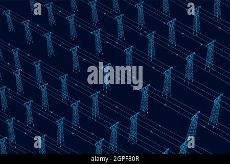 Isometric high voltage transmission lines and power pylons. Electricity ...