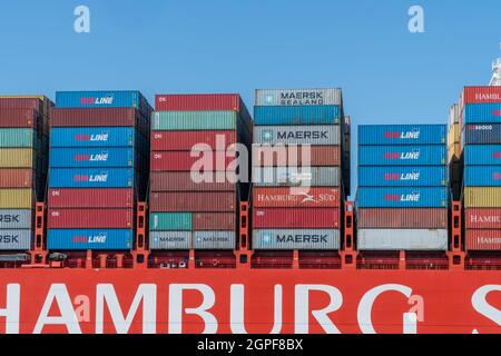 Containers, cargo bay, container ship Stock Photo - Alamy