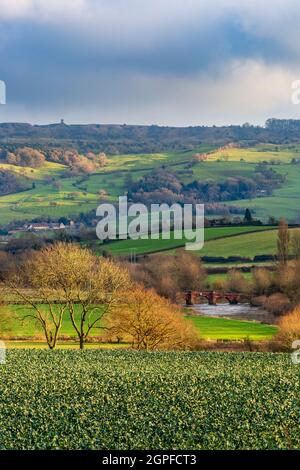 Bredon Hill Tower and Eckington Bridge over the River Avon in the ...