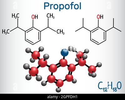 Propofol anesthetic drug molecule. Structural chemical formula and ...
