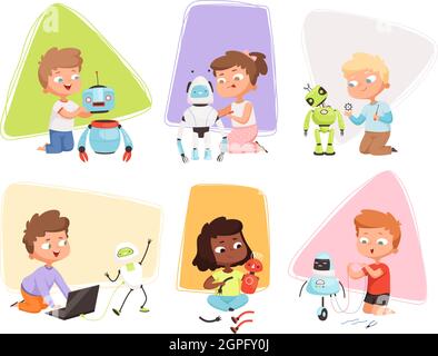 Robot toys vector characters set. Colorful kids robots elements with ...