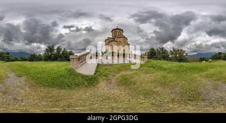 360 hdri panorama near yellow brick orthodox georgian church high in ...