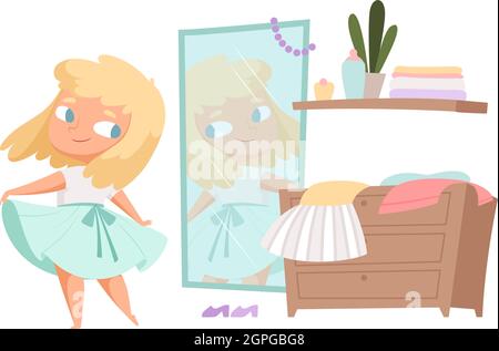 Cute girl trying on a dress illustration Stock Vector Image & Art - Alamy